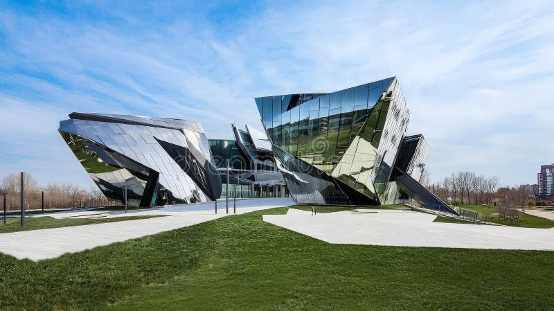 Modern, Angular, Glass and Steel Building with Reflecting Windows ...