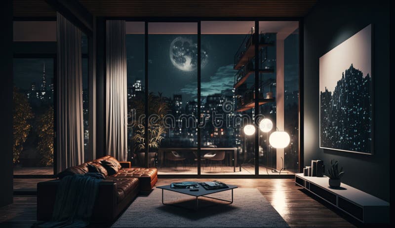 Modern Apartment with Big Windows and Abstract Art Frame Interior ...