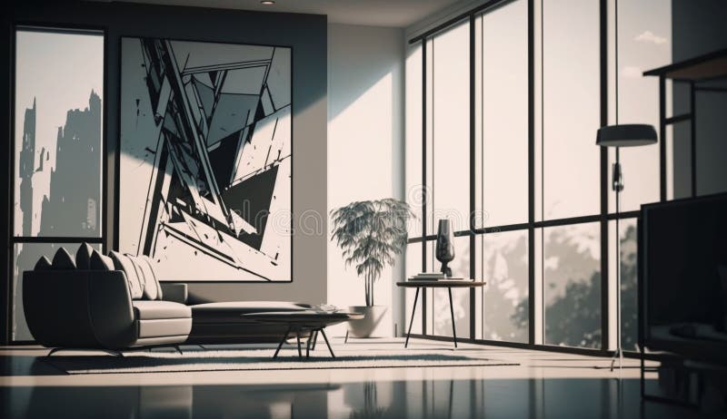 Modern Apartment with Big Windows and Abstract Art Frame on the Wall ...