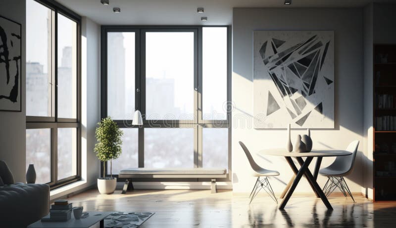 Modern Apartment with Big Windows and Abstract Art Frame on the Wall ...