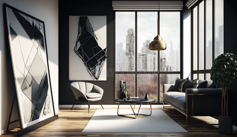 Modern Apartment with Big Windows and Abstract Art Frame on the Wall ...