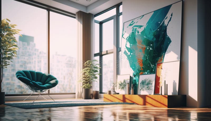 Modern Apartment with Big Windows and Abstract Art Frame on the Wall ...