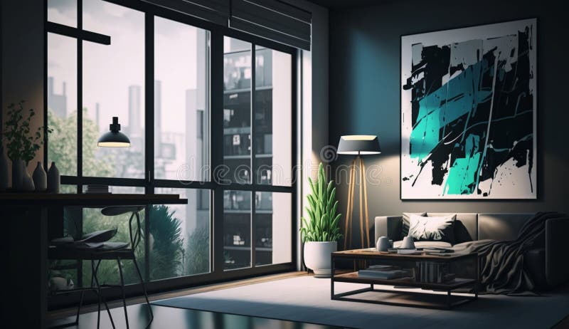 Modern Apartment with Big Windows and Abstract Art Frame on the Wall ...