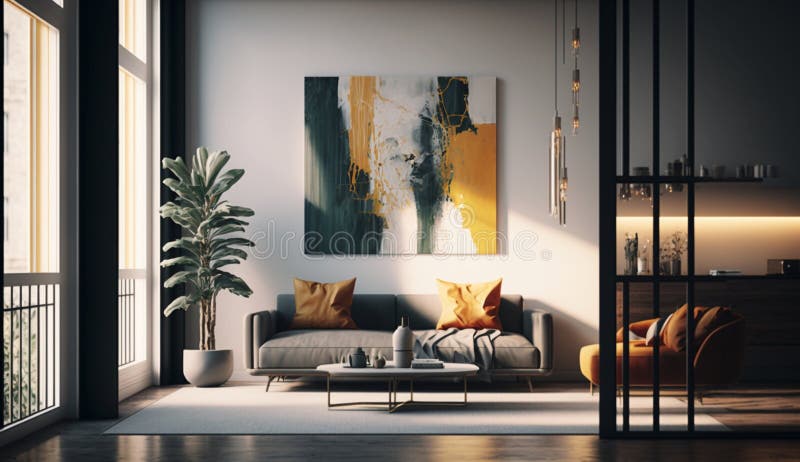Modern Apartment with Big Windows and Abstract Art Frame on the Wall ...