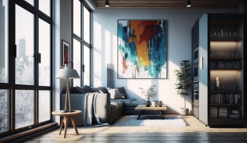 Modern Apartment with Big Windows and Abstract Art Frame on the Wall ...