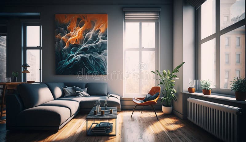 Modern Apartment with Big Windows and Abstract Art Frame on the Wall ...