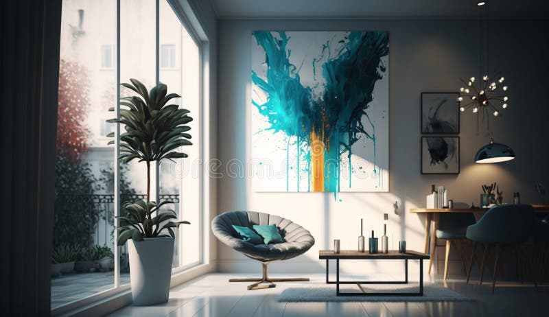 Modern Apartment with Big Windows and Abstract Art Frame on the Wall ...