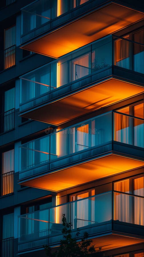 Modern Apartment Building Balconies Illuminated at Night Stock Photo ...