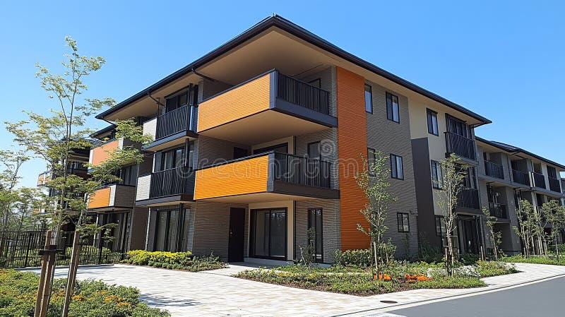 Modern Apartment Building with Balconies and Outdoor Spaces Stock ...