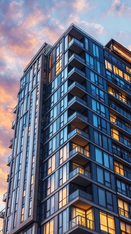 Modern Apartment Building with Balconies at Sunset Stock Illustration ...