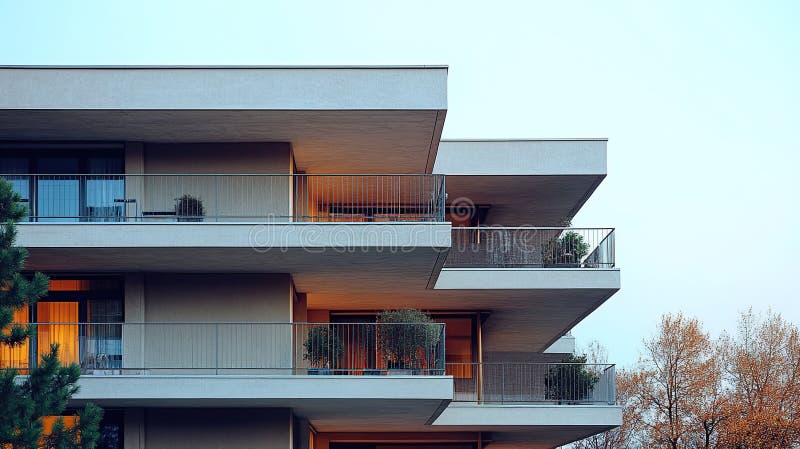 Modern Apartment Building Balconies at Twilight, Trees in Background Stock Illustration ...