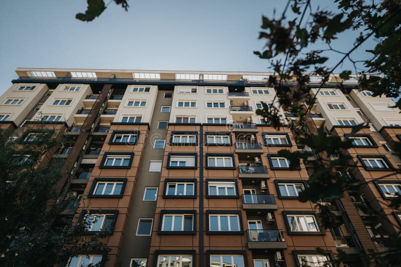 Modern Apartment Building with Balconies Viewed from Below Stock Image ...