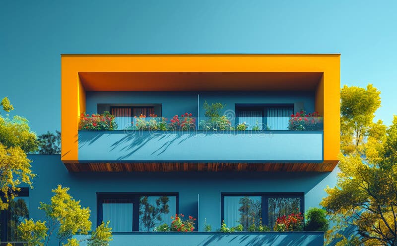 Modern Apartment Building with Balcony and Lot of Flowers Stock Image ...