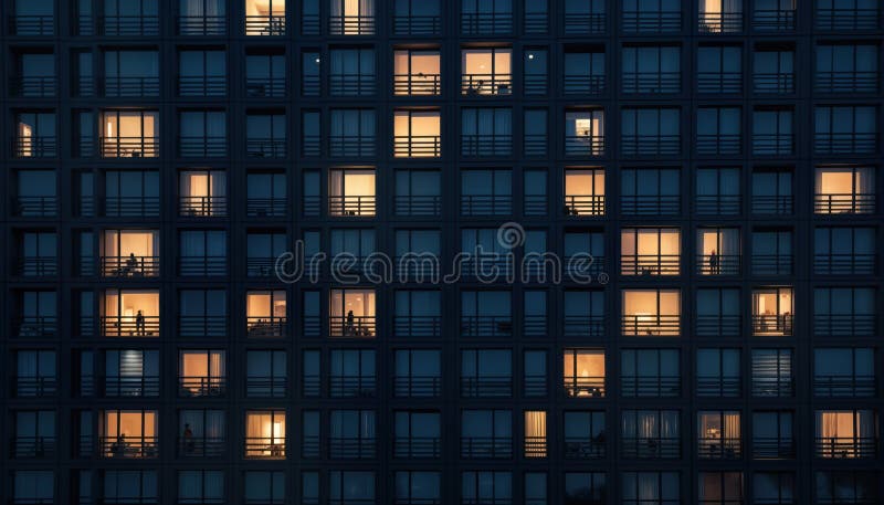 Modern Apartment Building Facade at Night. Glowing Windows Show ...