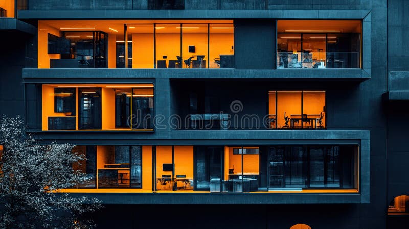 Modern Apartment Building Facade with Warm Interior Lighting Stock ...
