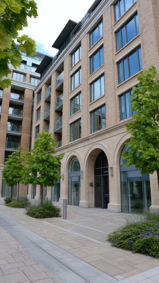 Modern Apartment Building Featuring Arched Entrances Windows and ...