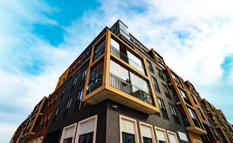 Modern Apartment Building with Glass Balconies Stock Photo - Image of ...