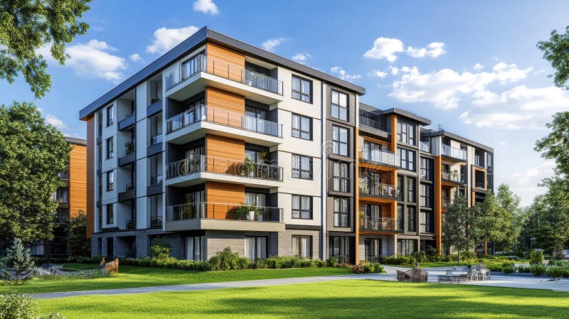 A Modern Apartment Building with a Grassy Lawn Stock Illustration ...