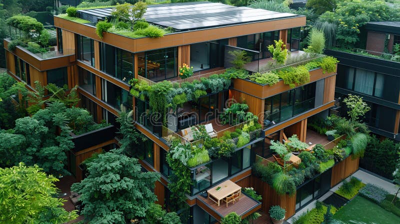 A Modern Apartment Building with Green Roofs and Gardens Stock ...