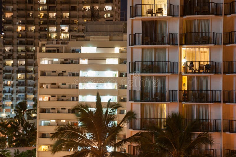 Modern Apartment Building or Hotel Building Exterior at Night Stock ...