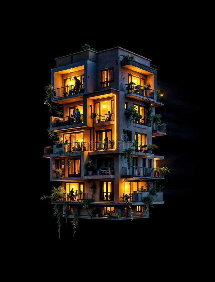 Modern Apartment Building at Night with Warm Lighting and Balconies ...