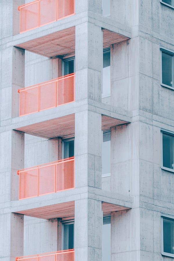 Modern Apartment Building with Orange Balconies and Concrete Structure ...