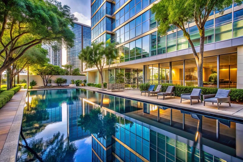 Modern Apartment Building Poolside with Lush Landscaping and City View ...