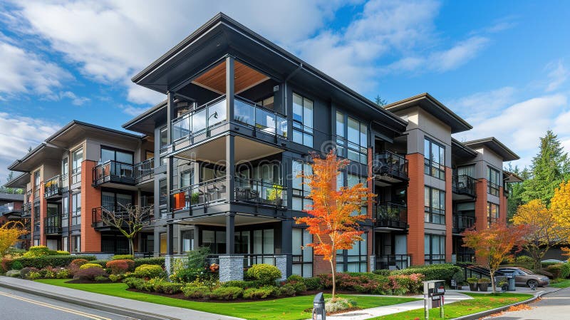 Modern Apartment Building with Red Brick Accents and a Tree with Fall ...