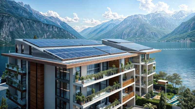 Modern Apartment Building with Solar Panels Overlooking a Lake Stock ...
