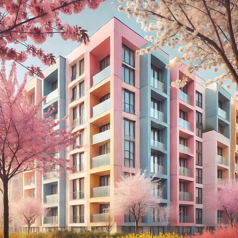 Modern Apartment Building in Spring Blossoms. Generative AI Stock ...