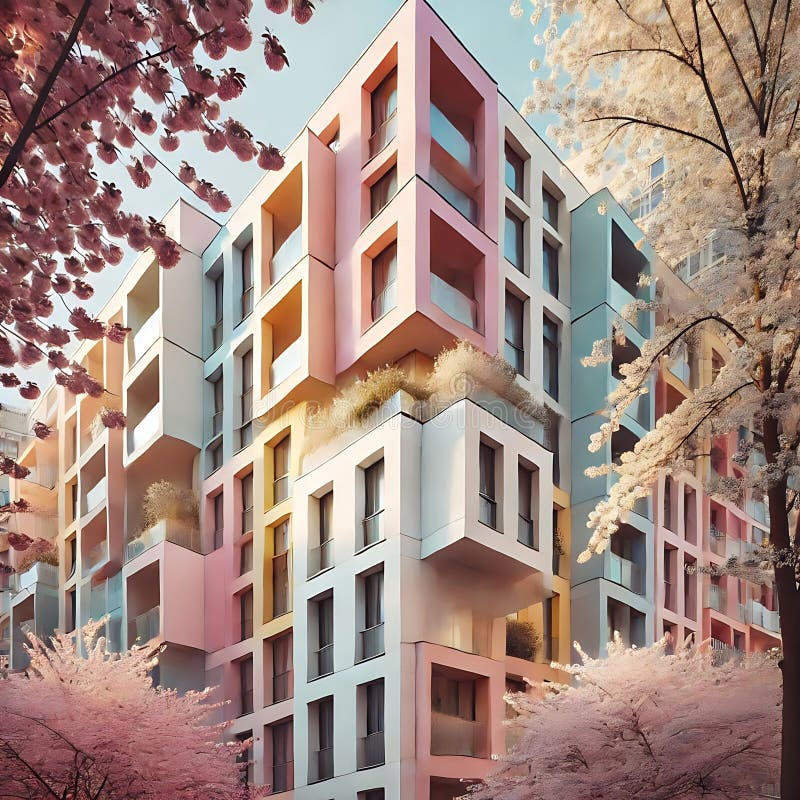 Modern Apartment Building in Spring Blossoms. Generative AI Stock ...