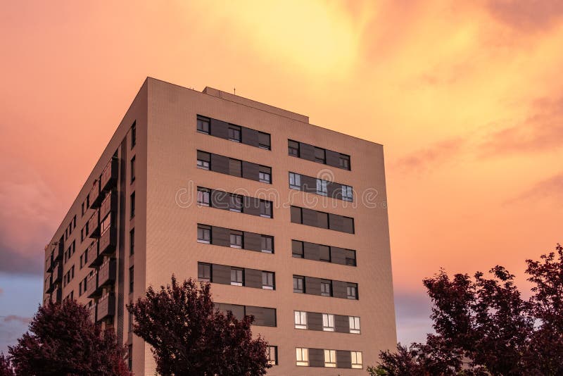 Modern Apartment Building on a Sunset Stock Image - Image of ...