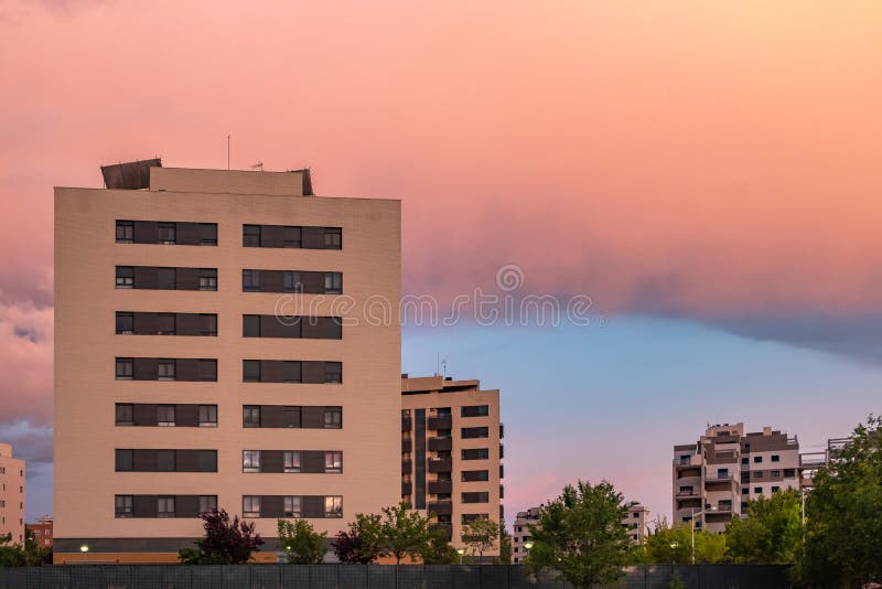 Modern Apartment Building on a Sunset Stock Image - Image of large ...