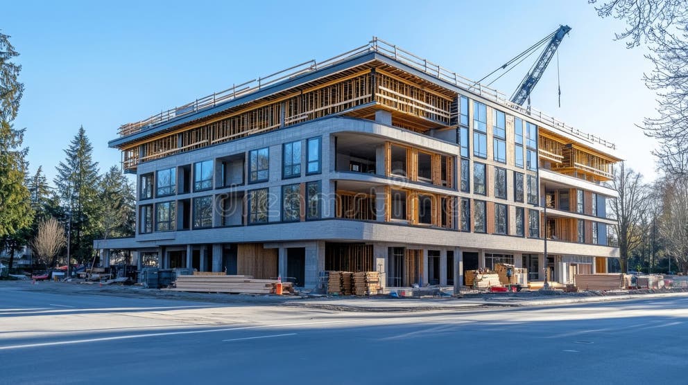 Modern Apartment Building Under Construction Near Trees Stock ...
