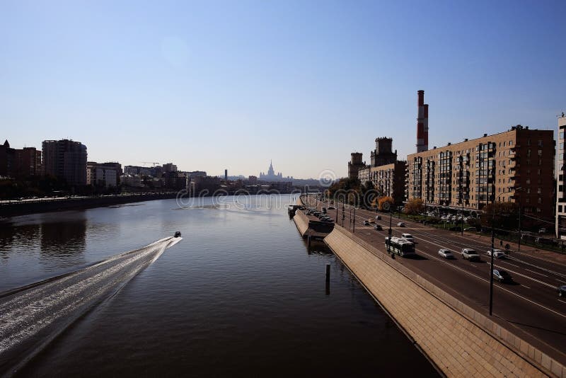 Modern Apartment Buildings Along River Stock Photo - Image of district ...