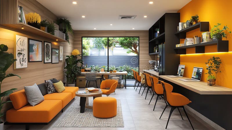 Modern Apartment Co-working Space, Sunny Garden View Stock Illustration ...