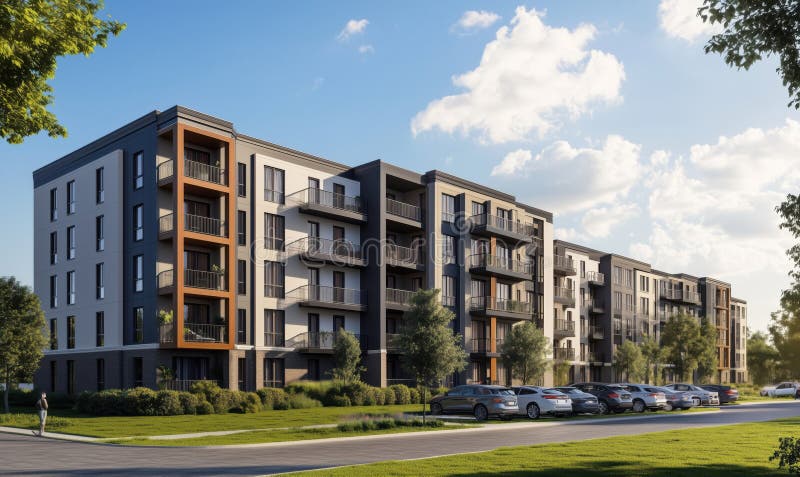 Modern Apartment Complex with Balconies and Landscaped Surroundings ...