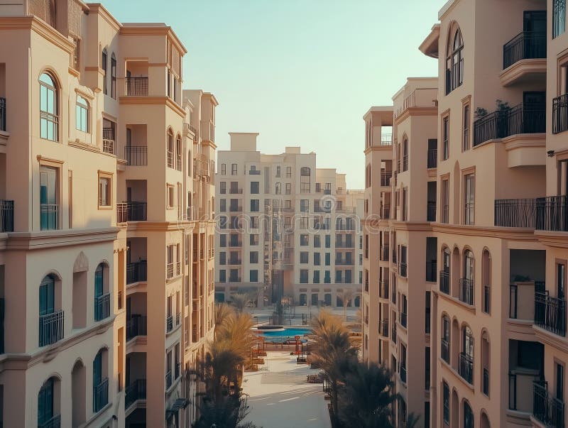 Modern Apartment Complex with Courtyard and Pool Stock Image - Image of ...