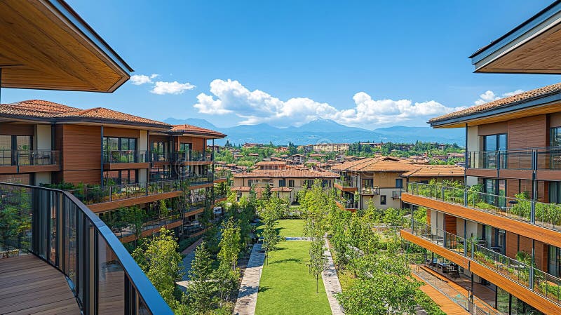 Modern Apartment Complex Courtyard View from Balcony, Sunny Day Stock ...