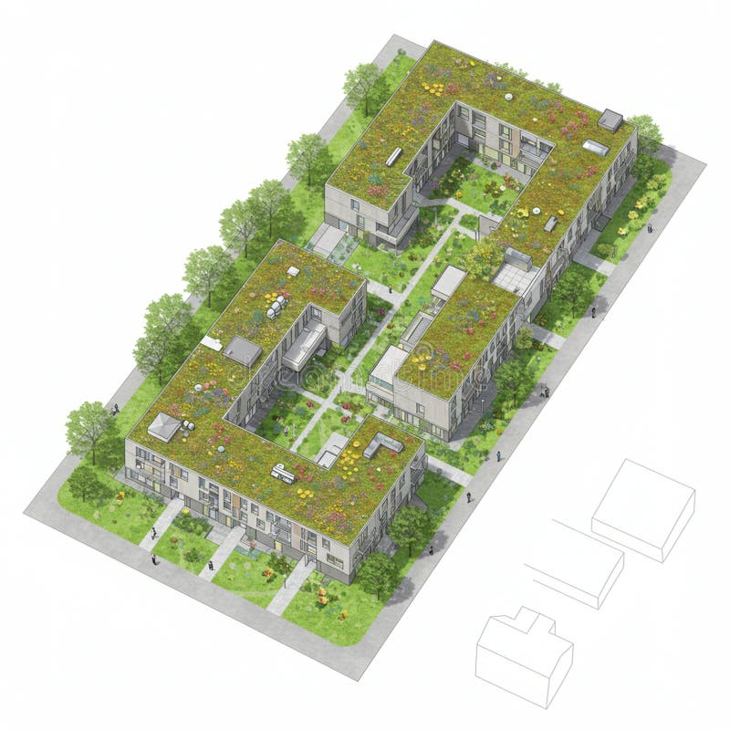 Modern Apartment Complex with Green Roofs and Integrated Gardens. the ...