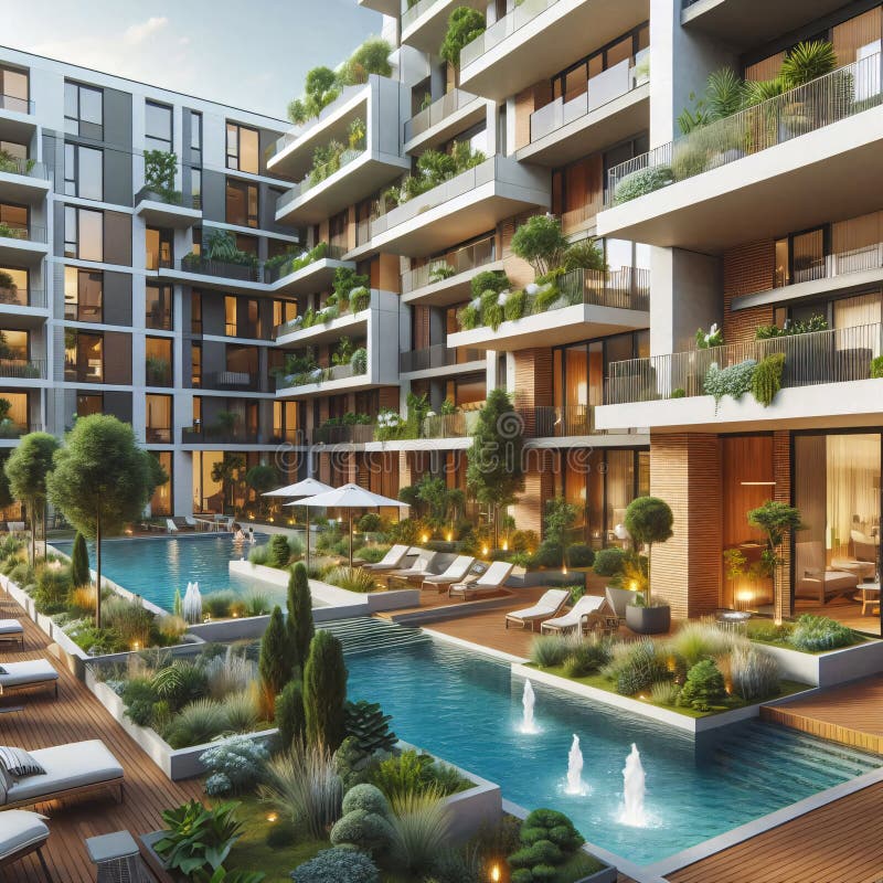 A Modern Apartment Complex with a Large Swimming Pool Stock ...
