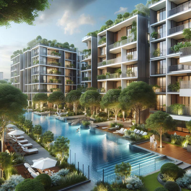 A Modern Apartment Complex with a Large Swimming Pool Stock ...