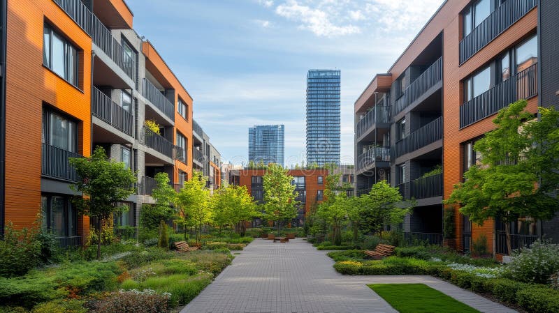 Modern Apartment Complex with Lush Green Courtyard Stock Image - Image ...
