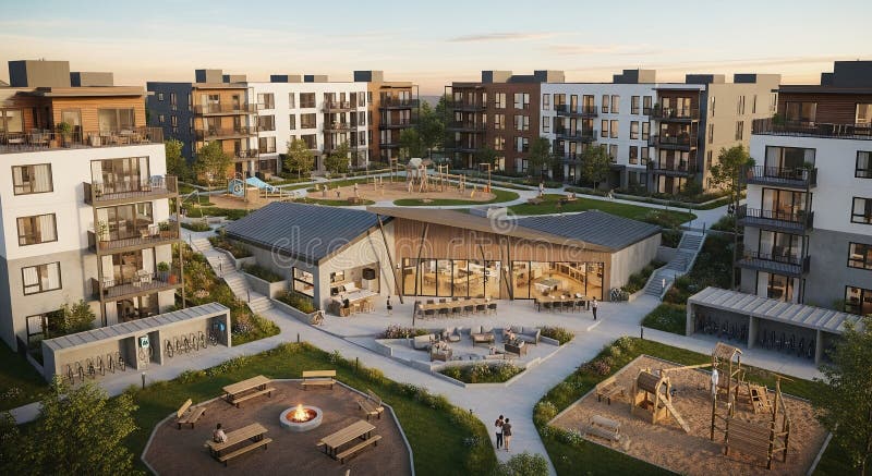 Modern Apartment Complex with Outdoor Amenities Including a Playground ...