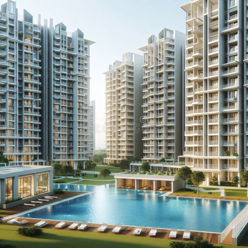 Modern Apartment Complex with Pool and Lush Greenery Stock Illustration ...