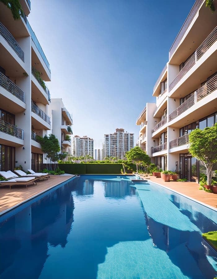 Modern Apartment Complex with Pool Under Blue Sky Stock Illustration ...