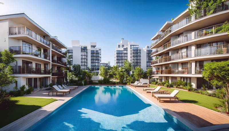Modern Apartment Complex with Pool Under Blue Sky Stock Illustration ...