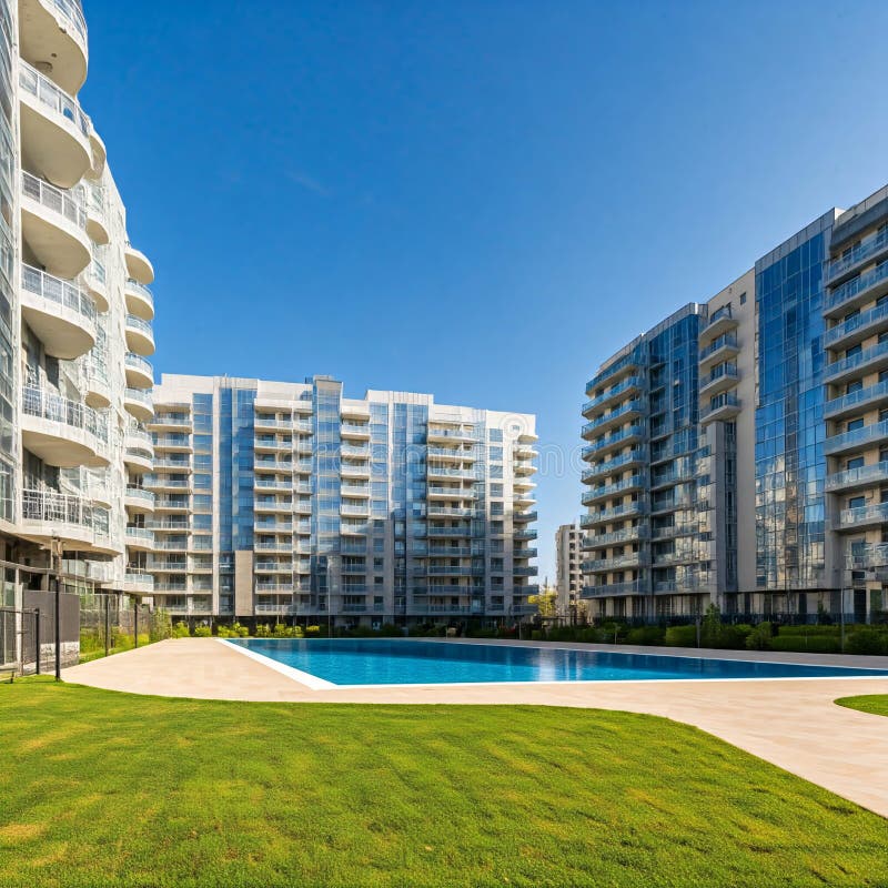 Modern Apartment Complex with Pool Under Blue Sky Stock Illustration ...
