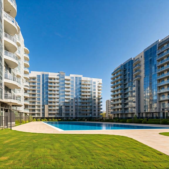 Modern Apartment Complex with Pool Under Blue Sky Stock Illustration ...