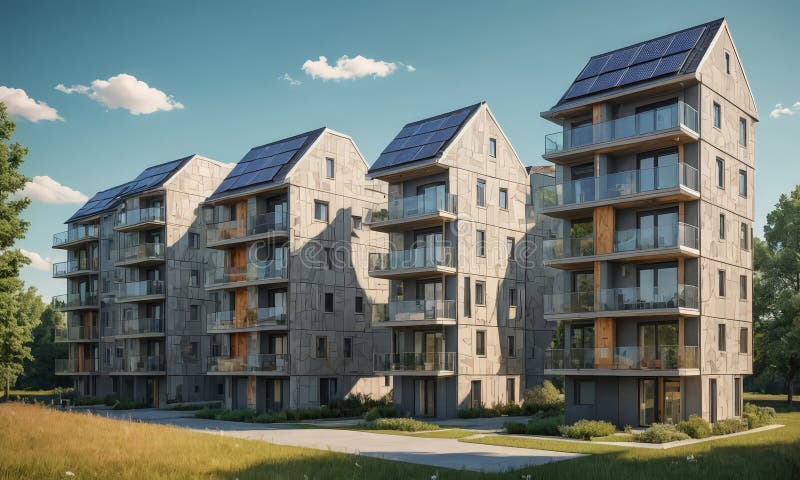 Modern Apartment Complex with Row Multi-story Buildings, Each with ...